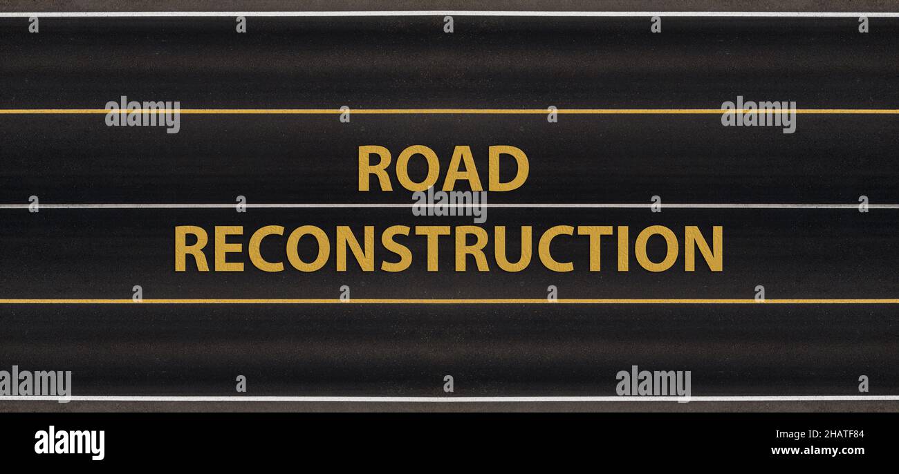 Road Reconstruction sign against background of new asphalt multi-lane ...