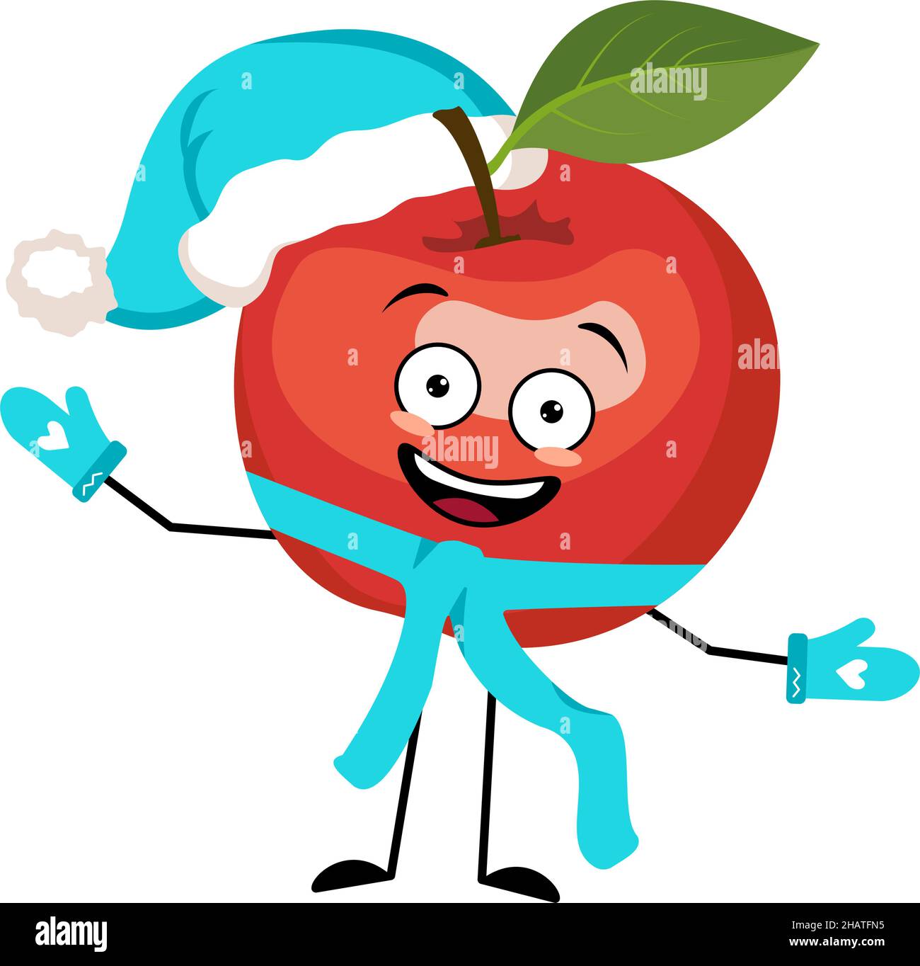 Cute apple Santa character with happy emotion, joyful face, smile eyes ...