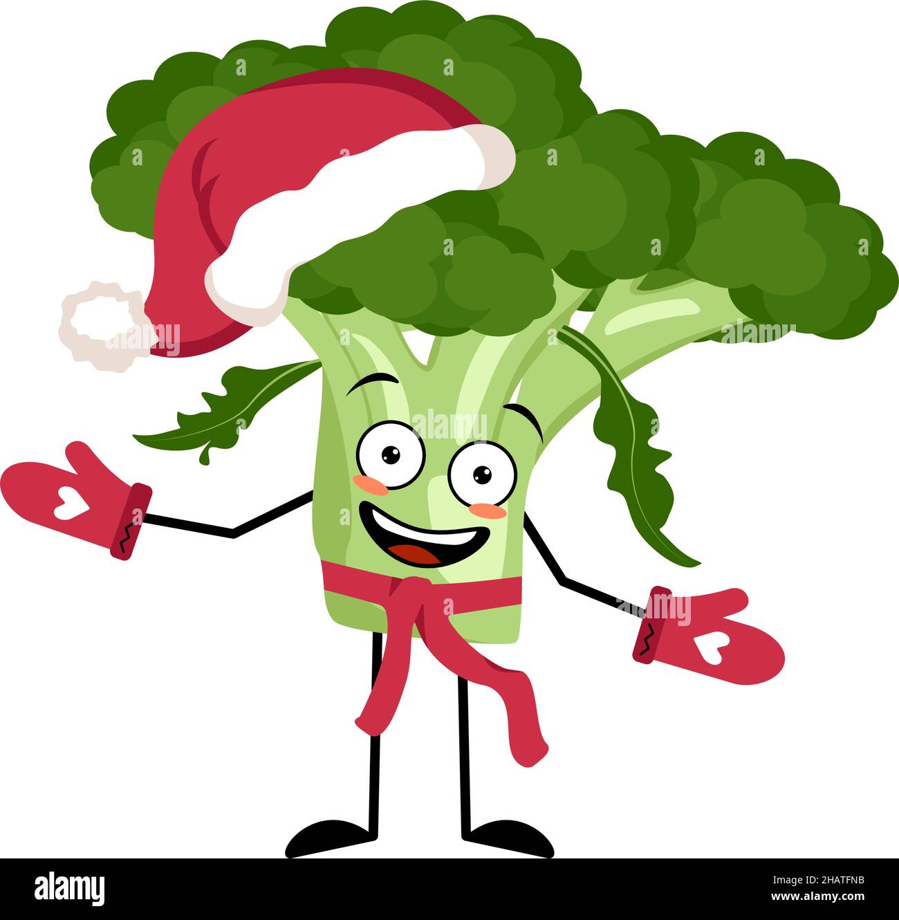 Cute broccoli Santa character with happy emotion, joyful face, smile ...