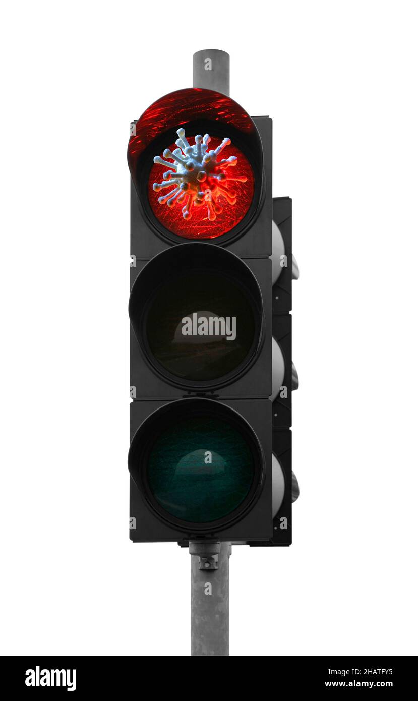 red traffic control signal including a symbolic virus isolated on white ...