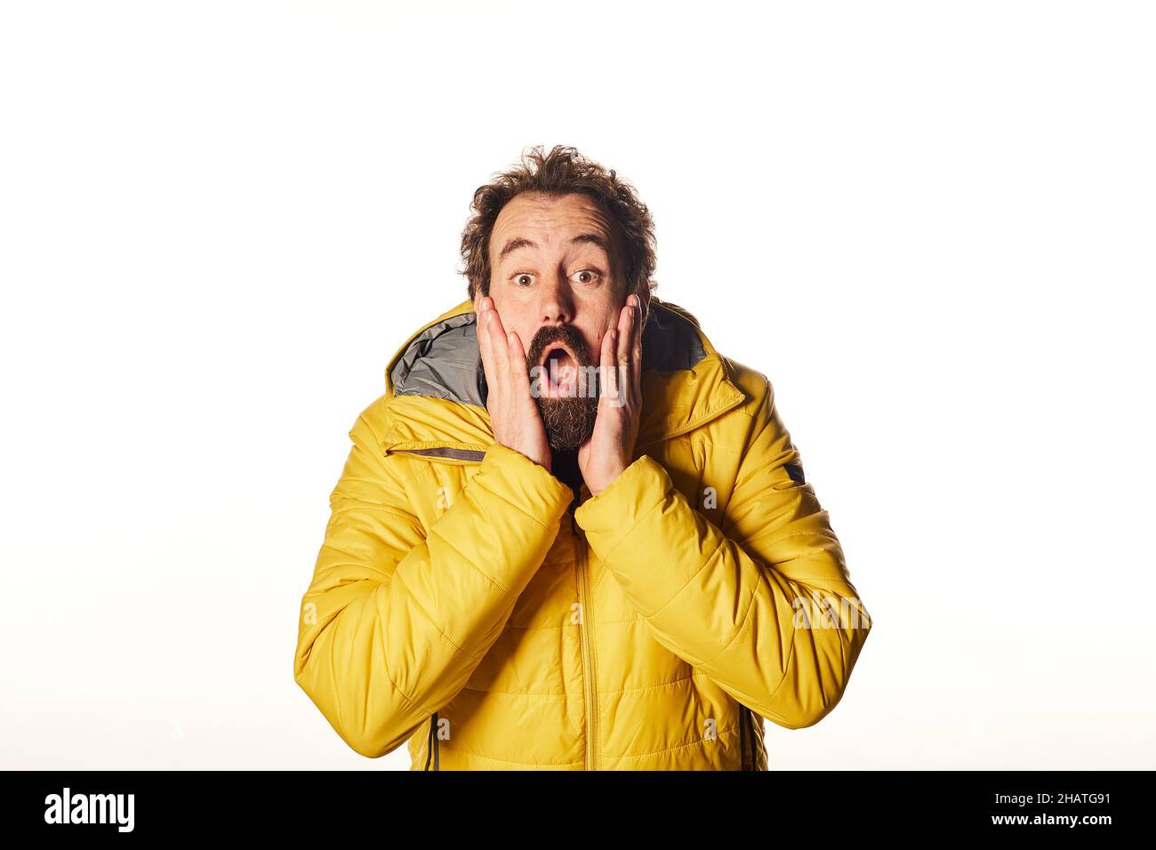 half-length front portrait on white isolated studio background ...
