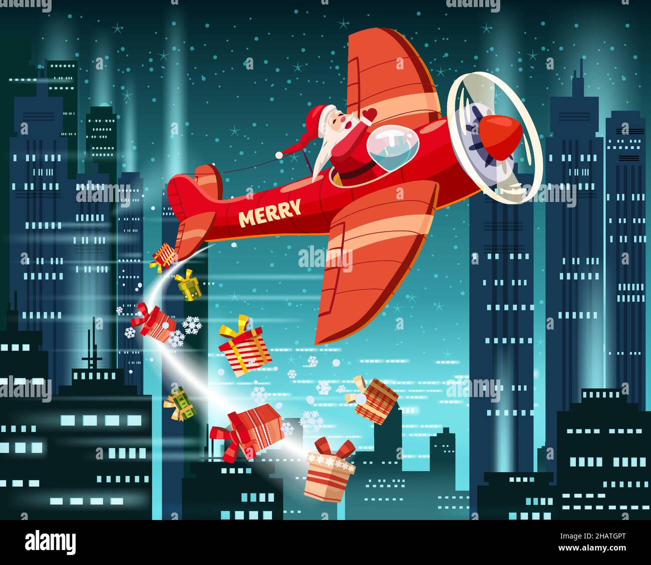 Santa Claus flying on vintage plane, delivering gift boxes, night city background. Christmas ...