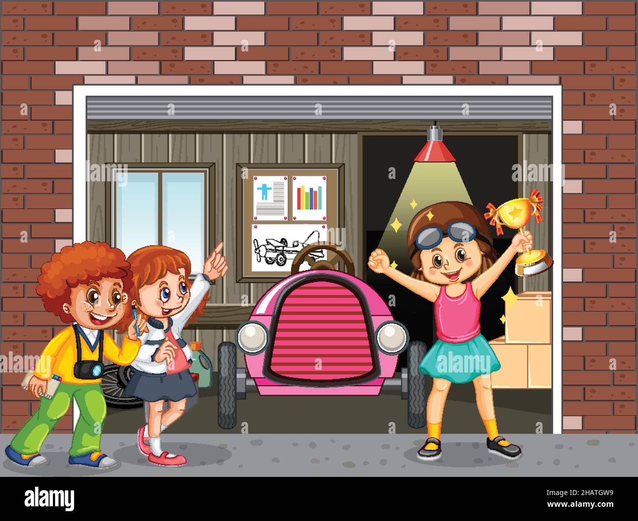 Garage scene with children fixing a car together illustration Stock ...