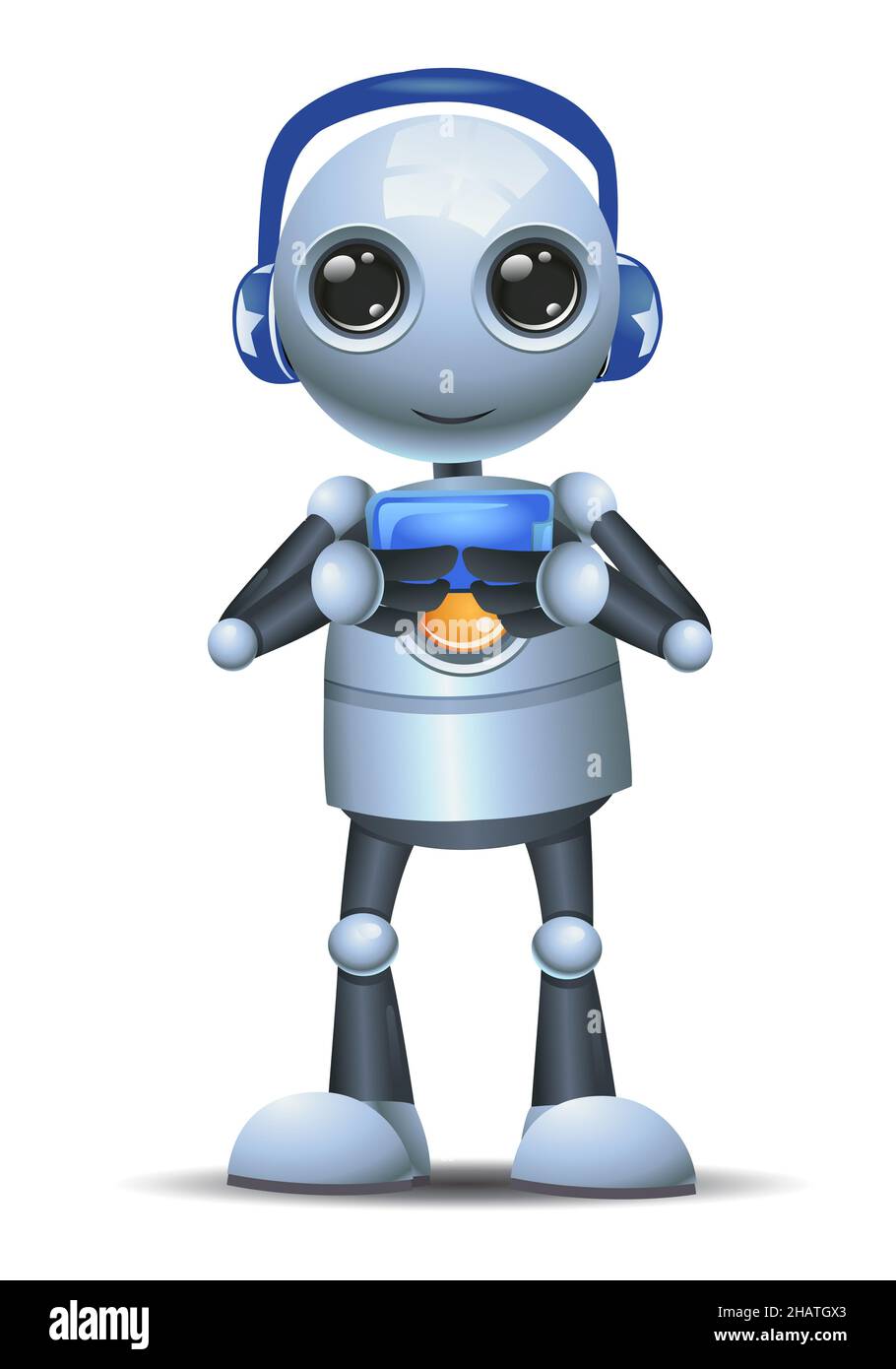 3d illustration of little robot hold smartphone on isolated white ...