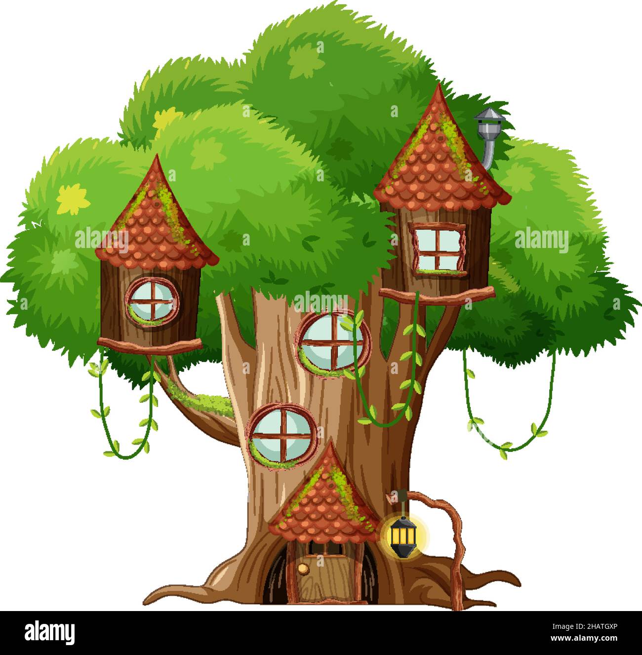 Fantasy tree house inside tree trunk on white background illustration ...