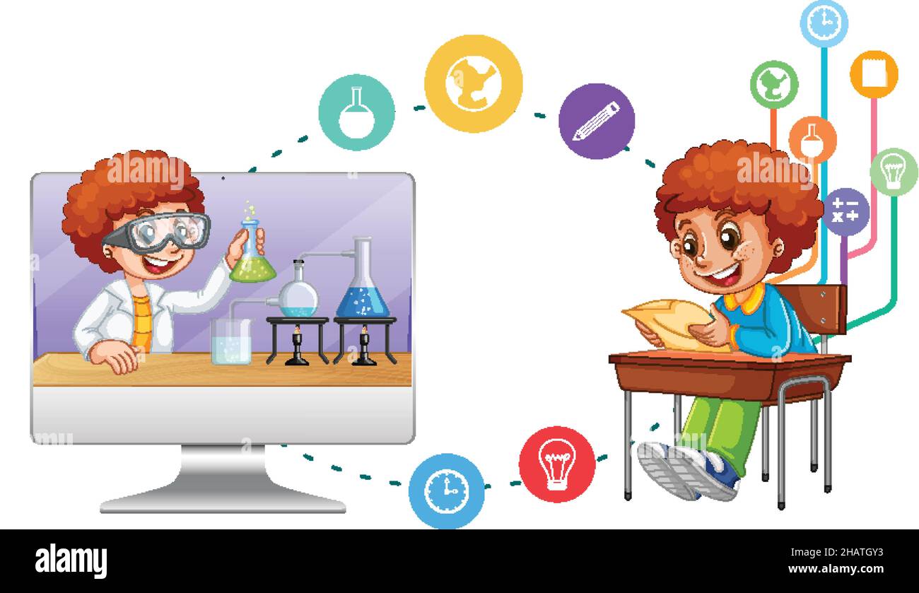 School boy with computer and education icons illustration Stock Vector ...