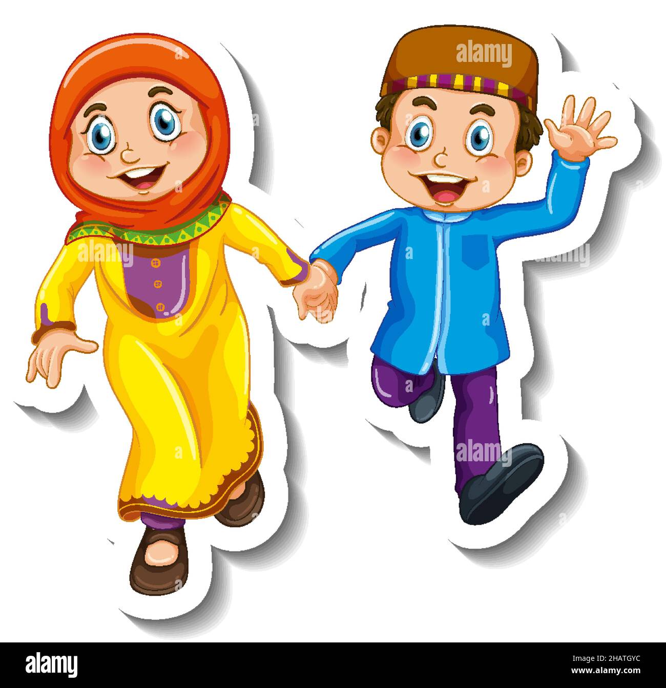 Sticker template with couple of muslim kids cartoon character isolated ...