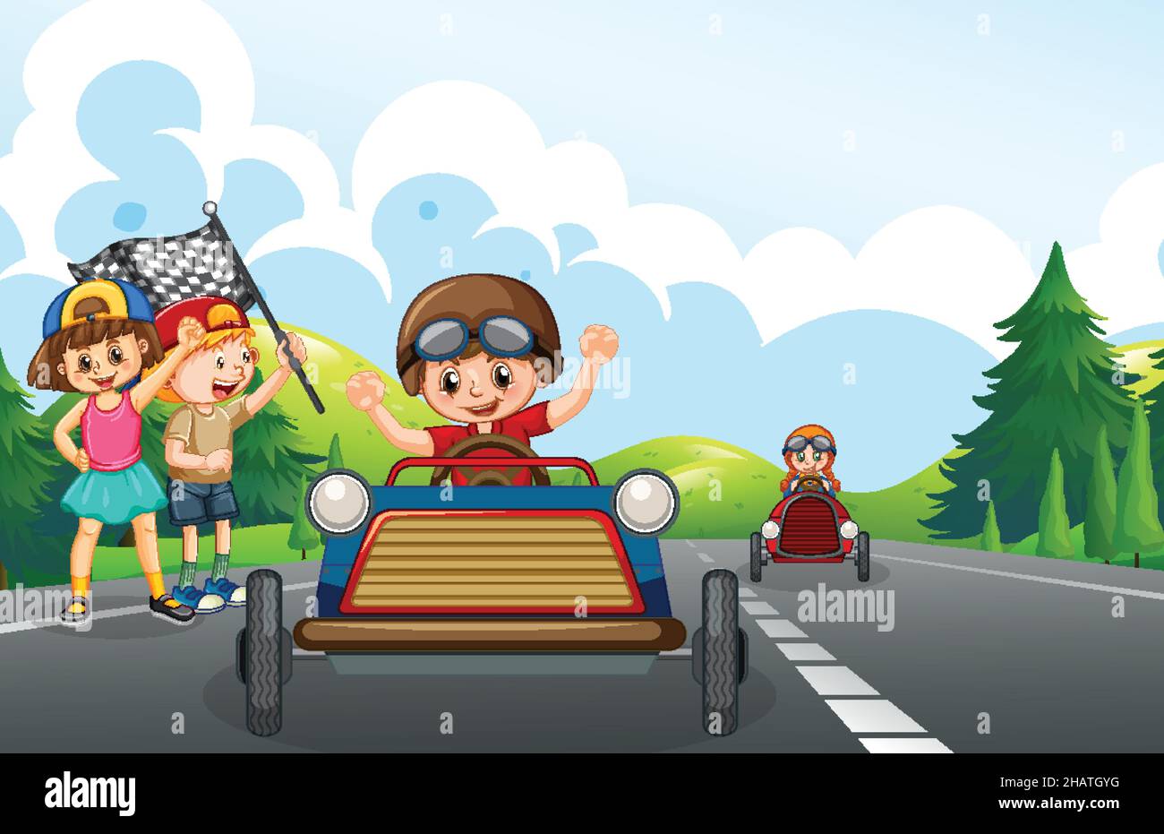 Road scene with children racing car illustration Stock Vector Image ...