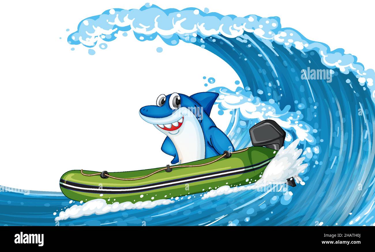 Happy shark on inflatable boat with ocean wave illustration Stock ...