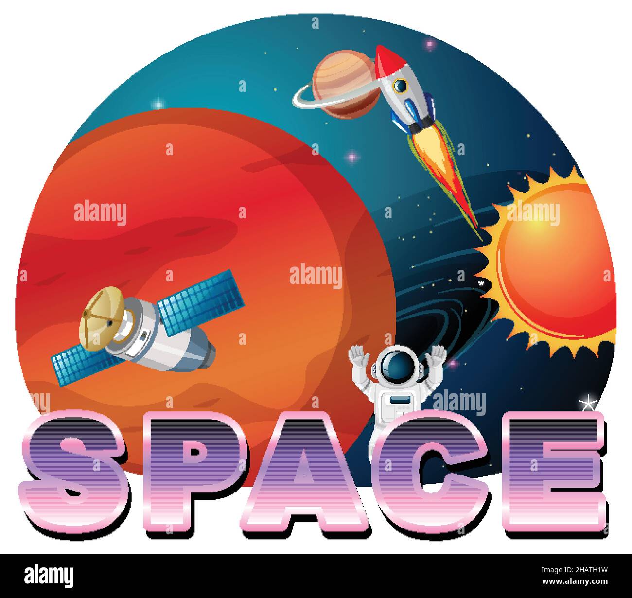 Space word logo design with satellite and planet illustration Stock ...