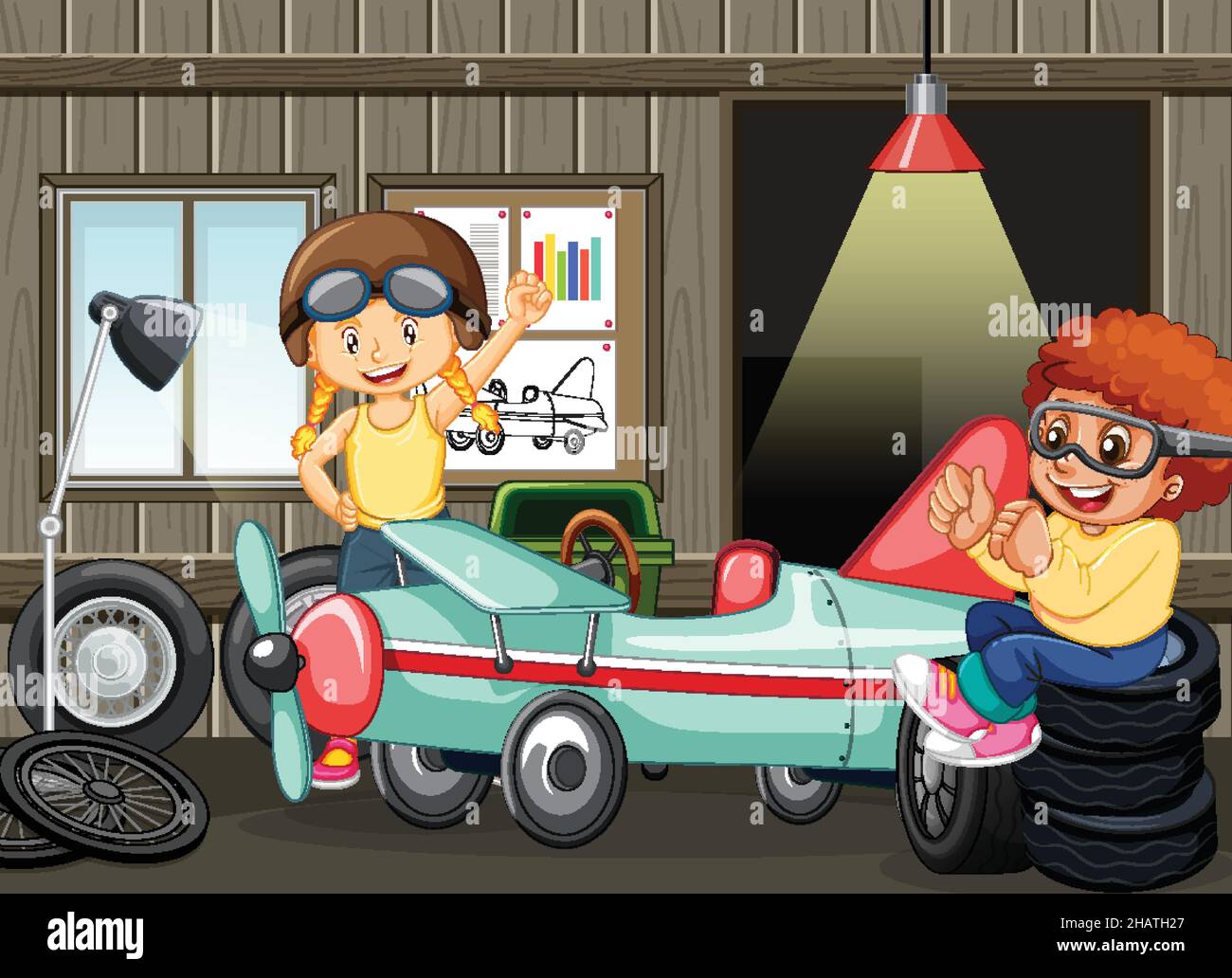 Garage scene with children fixing a car together illustration Stock ...