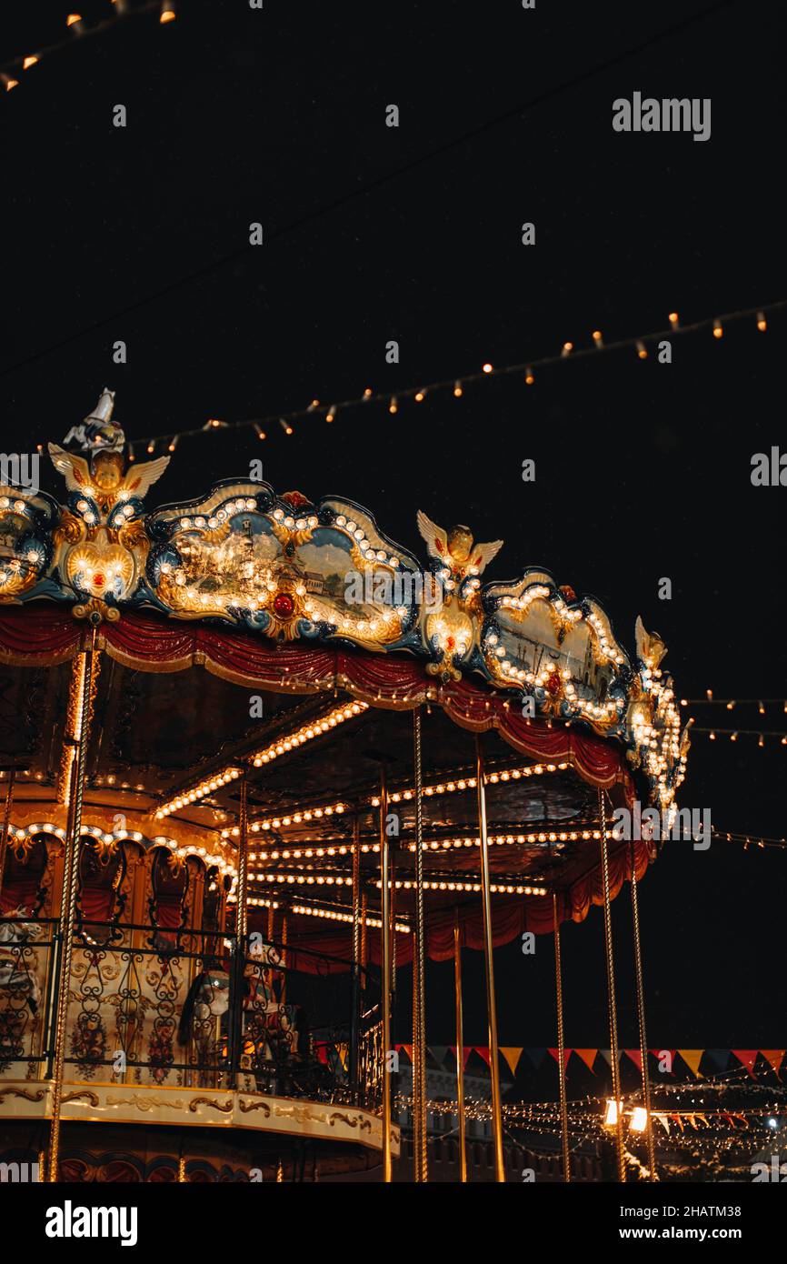 Shiny golden children's magic carousel with horses Merry-go-roundi n ...