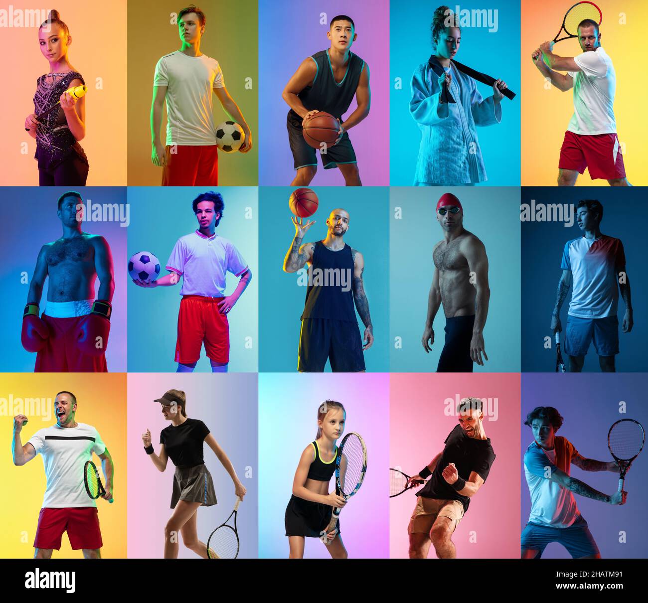 Set of images of mix-aged sportsmen, male and female athletes with ...