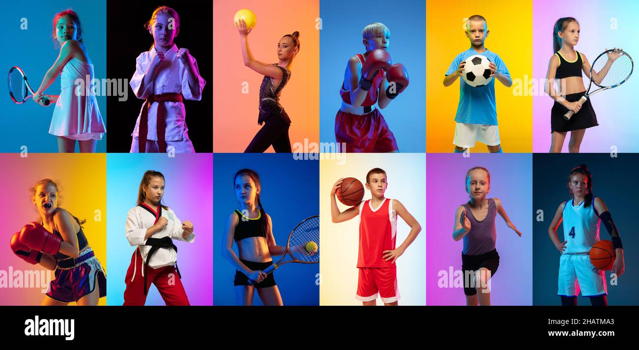 Collage made with images of young sportsmen, little boys and girls with ...