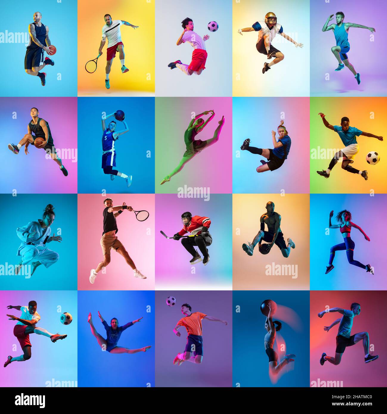 Set of images of different professional sportsmen, fit people in action ...