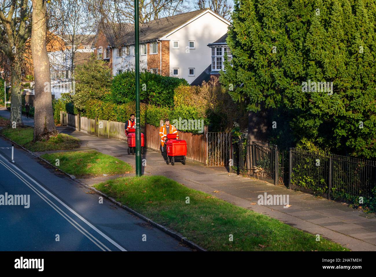 Two postmen pushing their trolleys in a suburban street, London ...