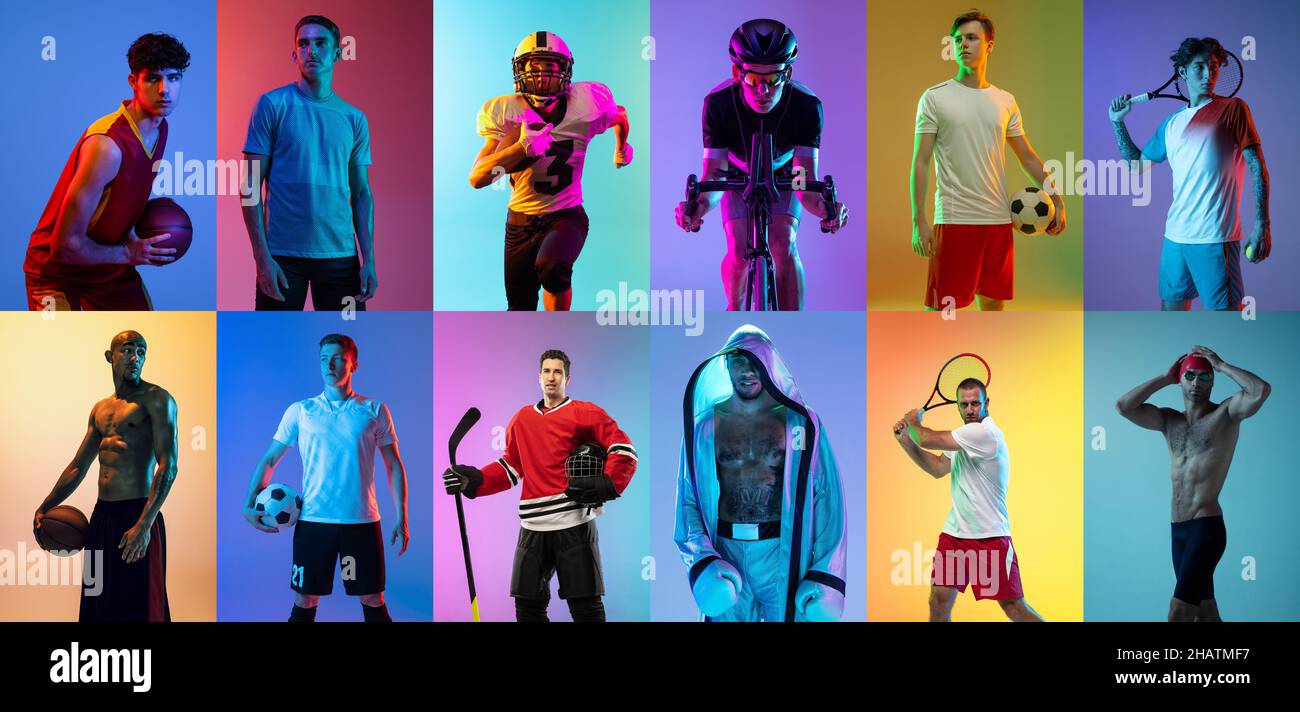 Composite image of portrait of athletes, professional sportsmen posing ...