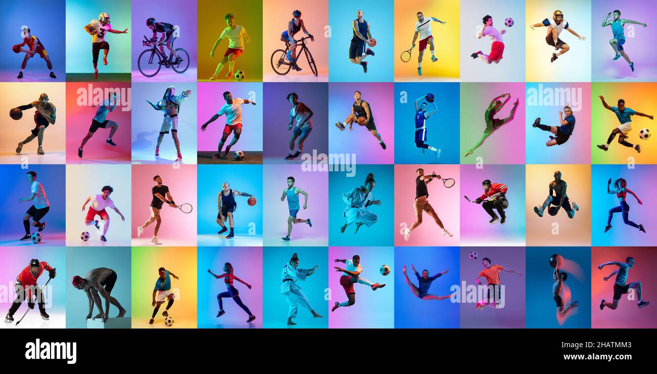 Set of images of different professional sportsmen, fit people in action ...