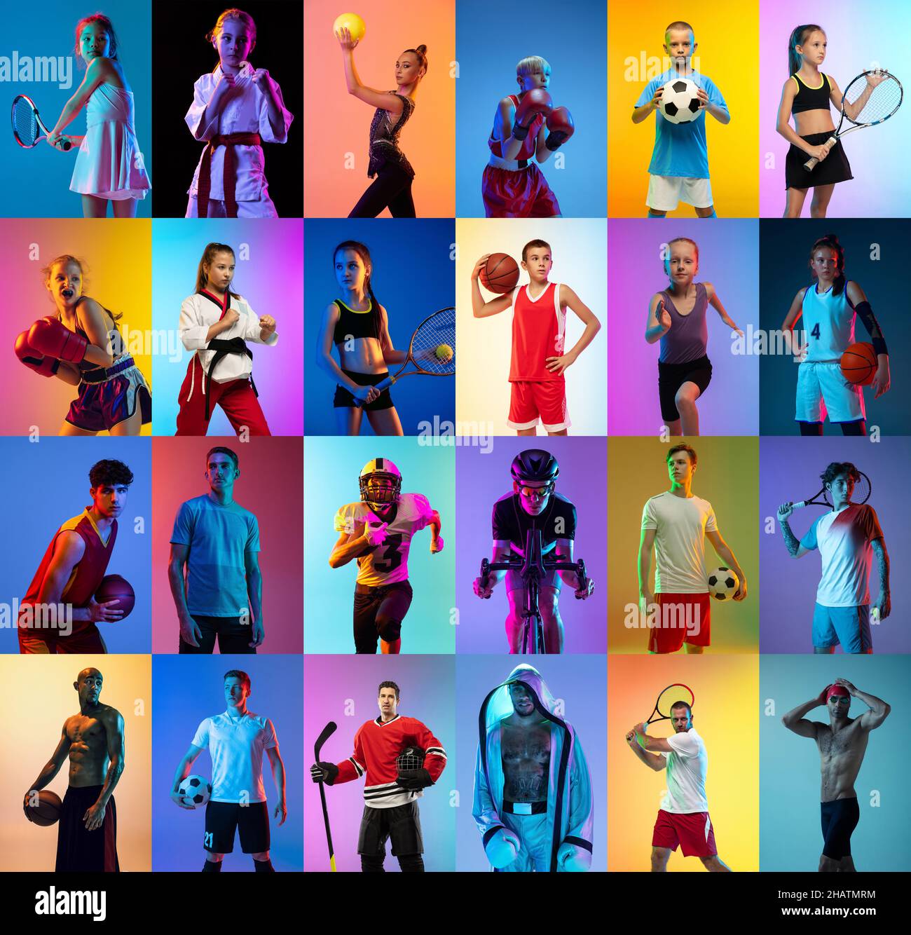 Set of images of mix-aged sportsmen, male and female athletes with ...