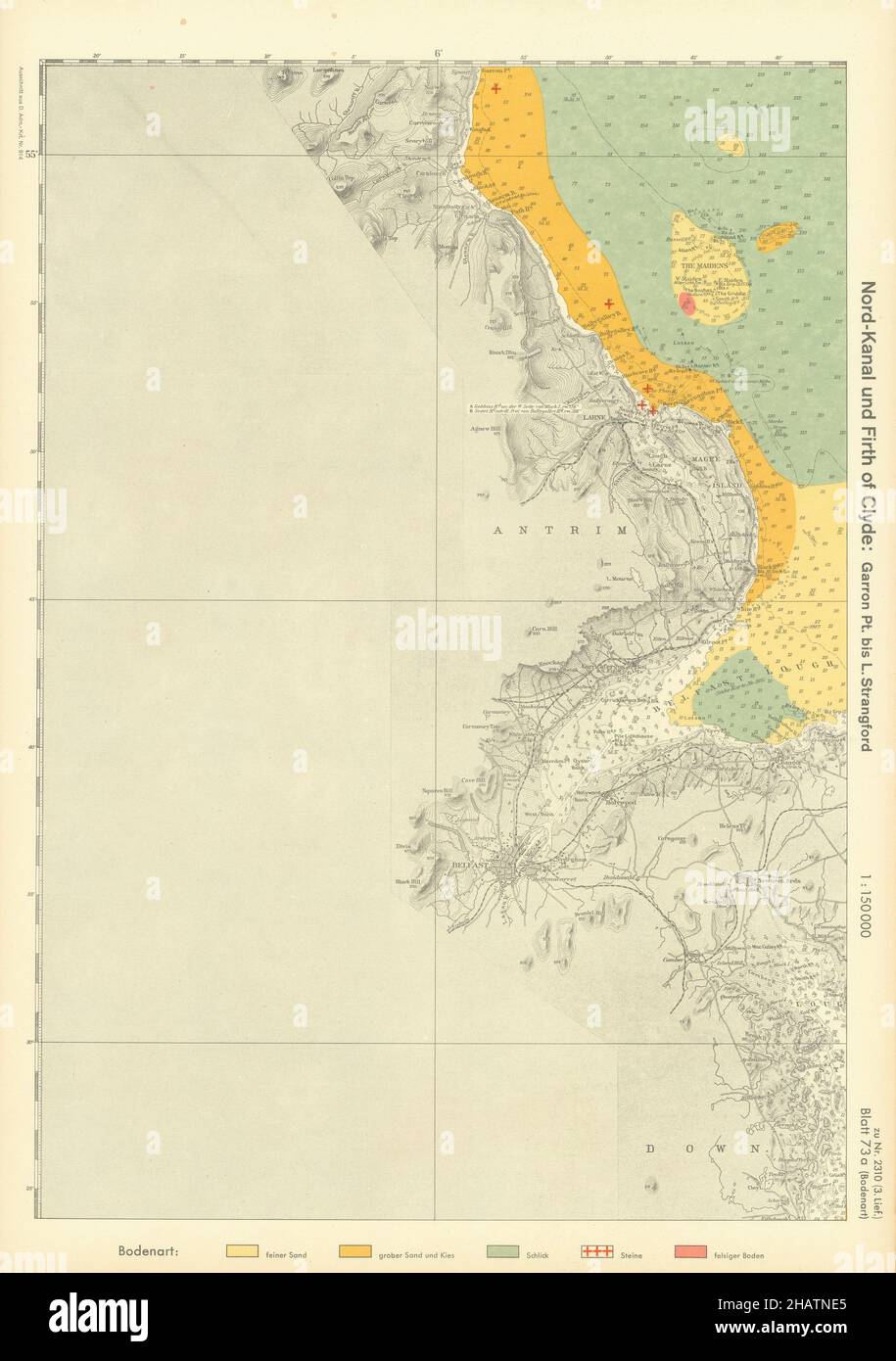 73a. Antrim & Down coast. Belfast Lough. KRIEGSMARINE Nazi map 1940 old ...