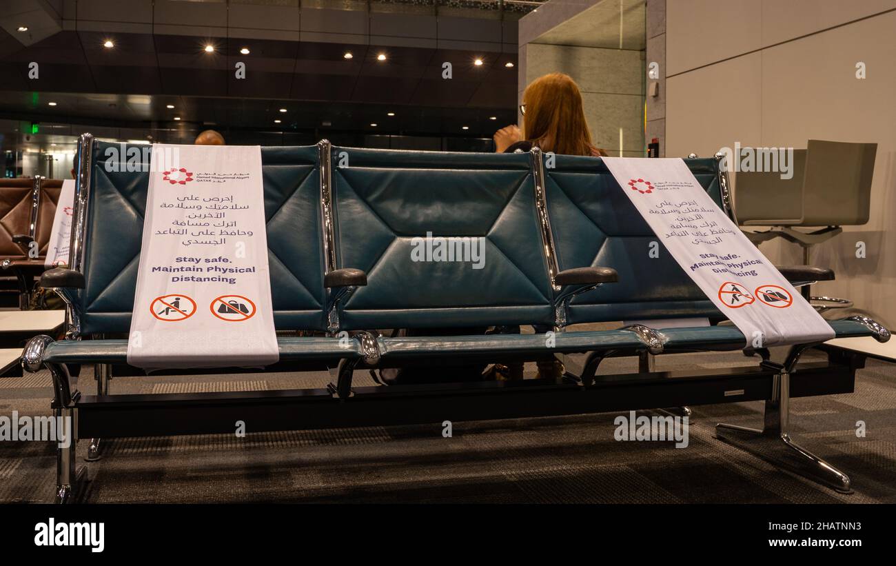 DOHA, QATAR - November 16, 2021 : Social distancing chairs in Hamad ...