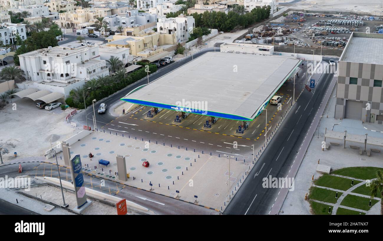 doha,qatar -05 December 2021 : bird view of one of the woqod petrol ...