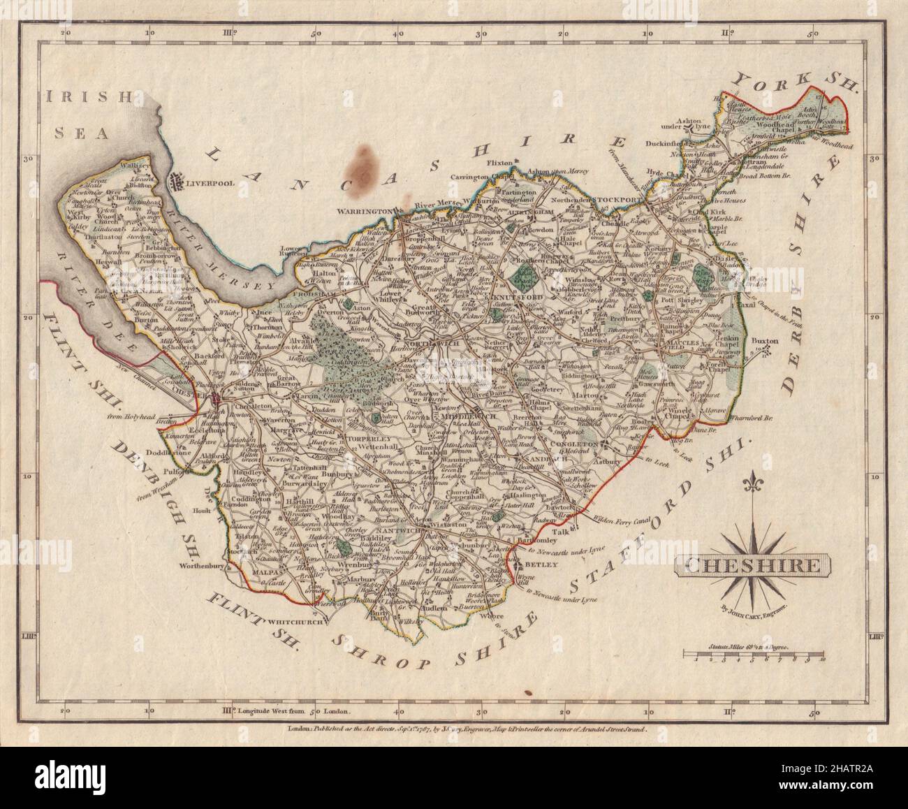 Antique county map of CHESHIRE by JOHN CARY. Original outline colour ...
