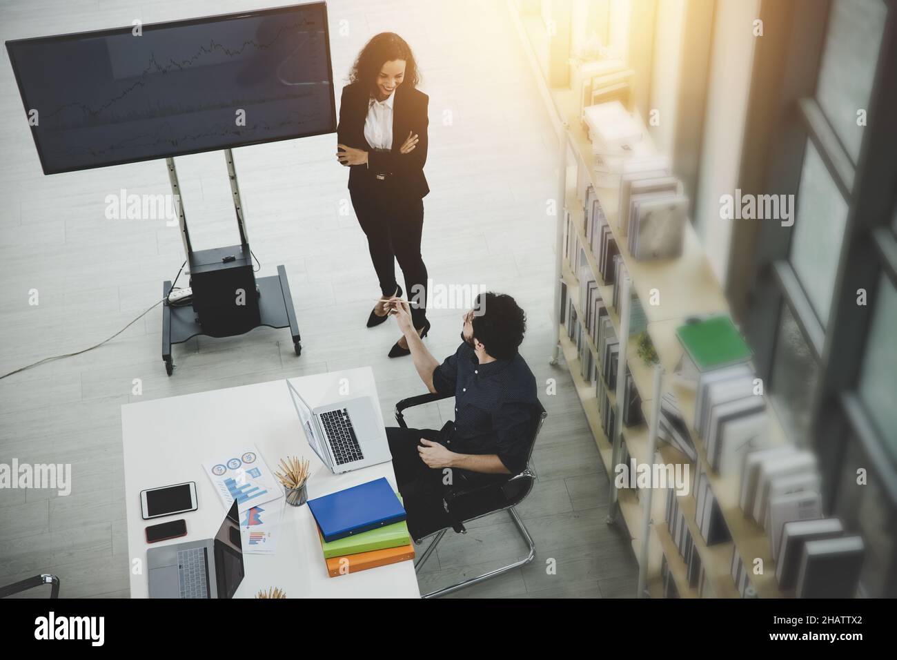 Top view of business team people working and planning on monitor ...