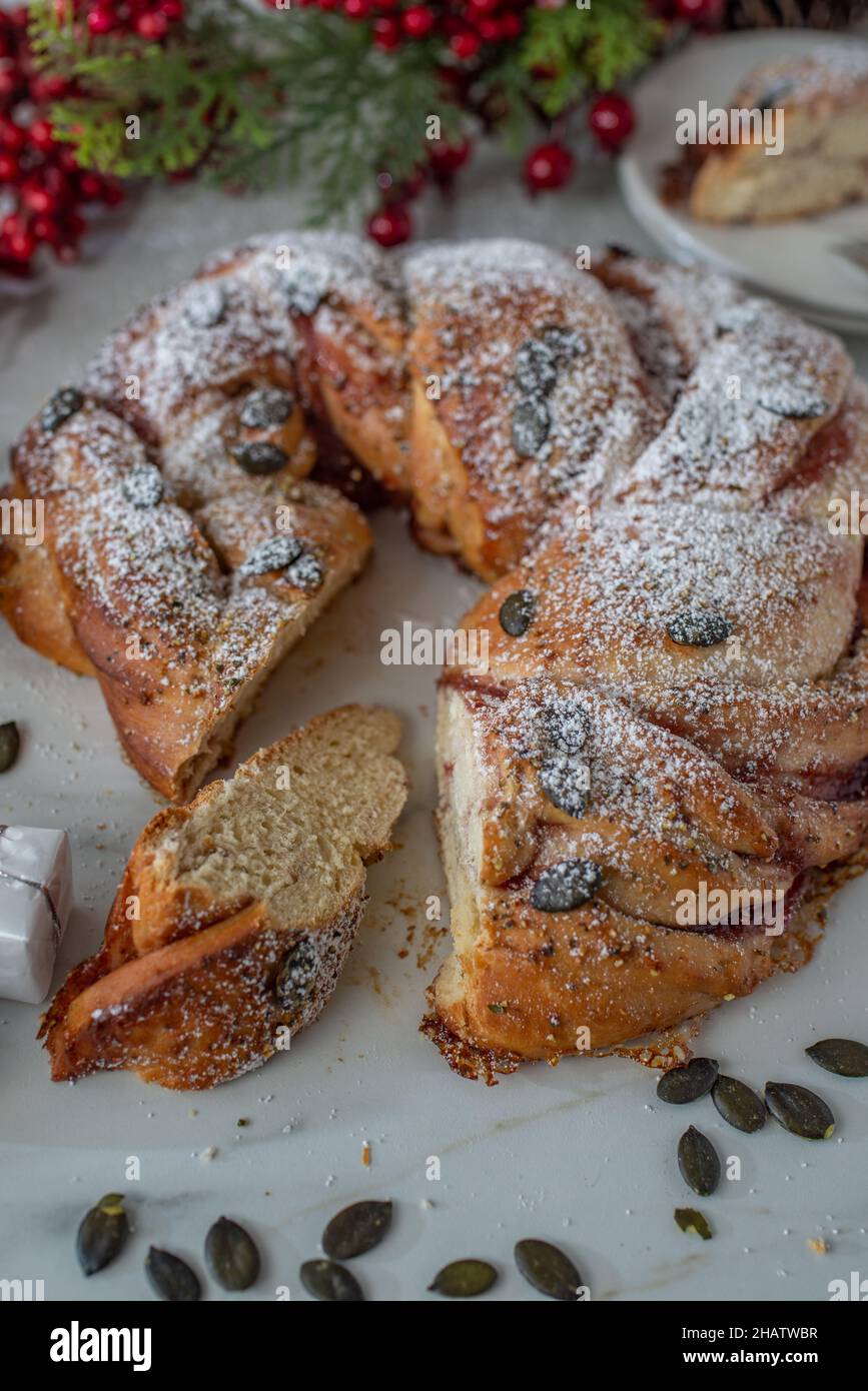 sweet home made Christmas Wreath brioche babka Bread Stock Photo - Alamy