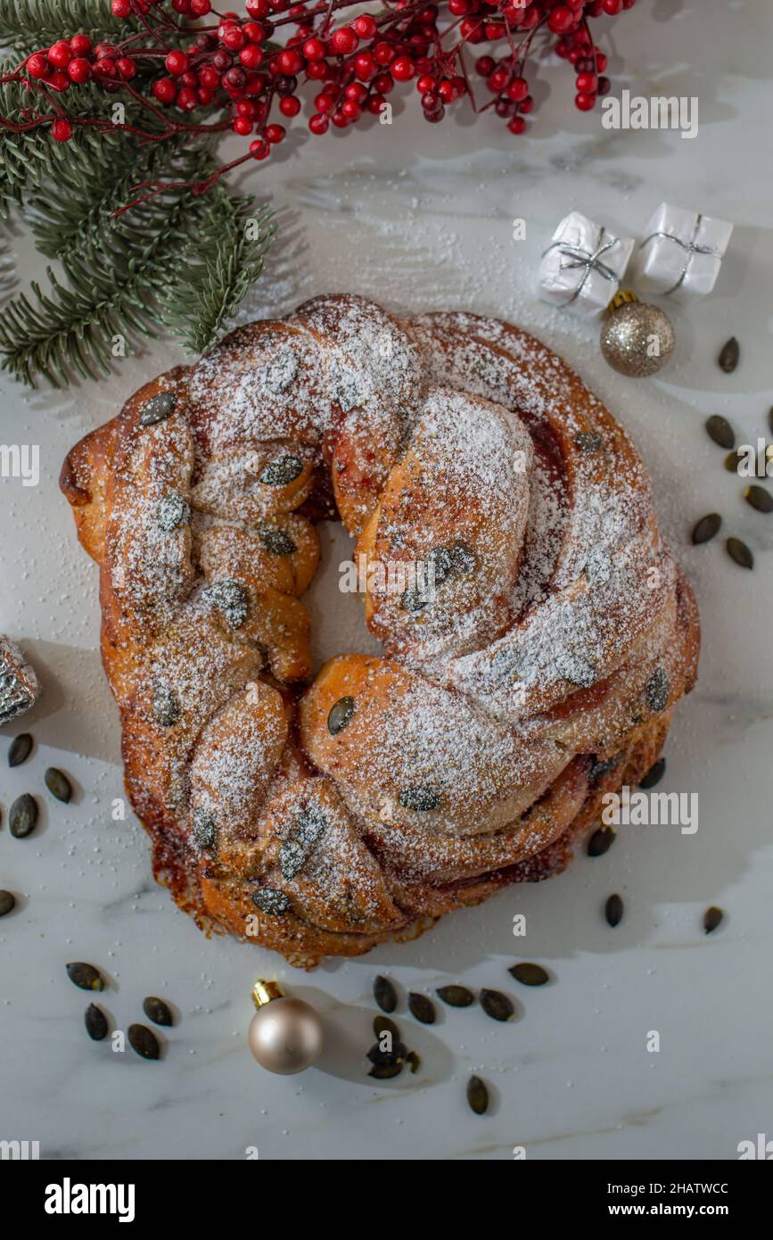 sweet home made Christmas Wreath brioche babka Bread Stock Photo - Alamy