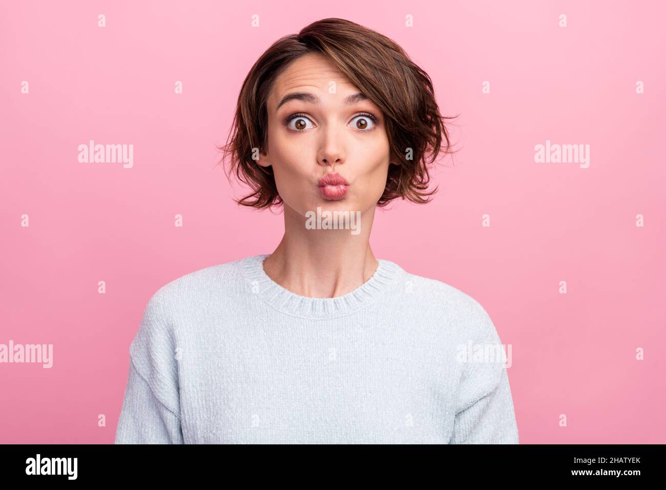 Photo of positive young flirty woman send air kiss good mood funky lady ...