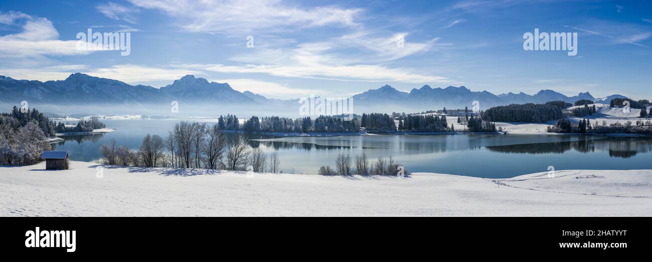 panoramic view to alps mountain range and lake Forggensee in Bavaria at ...