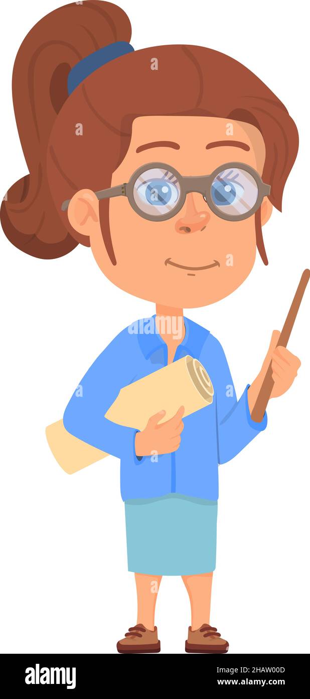 Girl with teacher wooden pointer stick and paper scroll Stock Vector ...