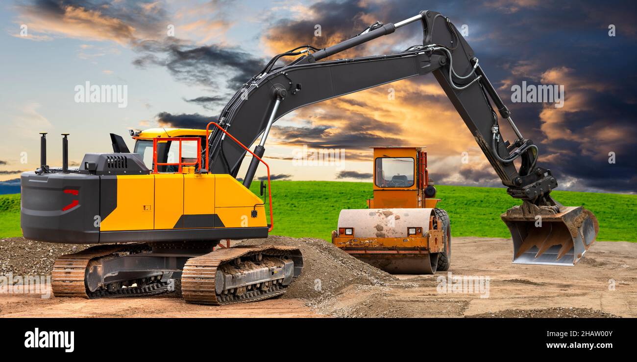 digger and excavator at work in construction site Stock Photo - Alamy