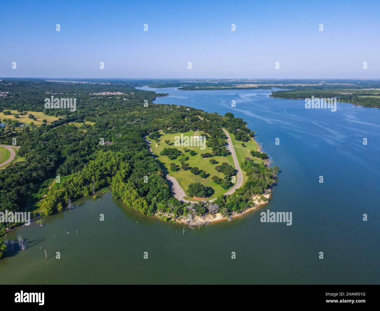 Beautiful aerial view of nature on the shore of Lake Waco in Texas ...