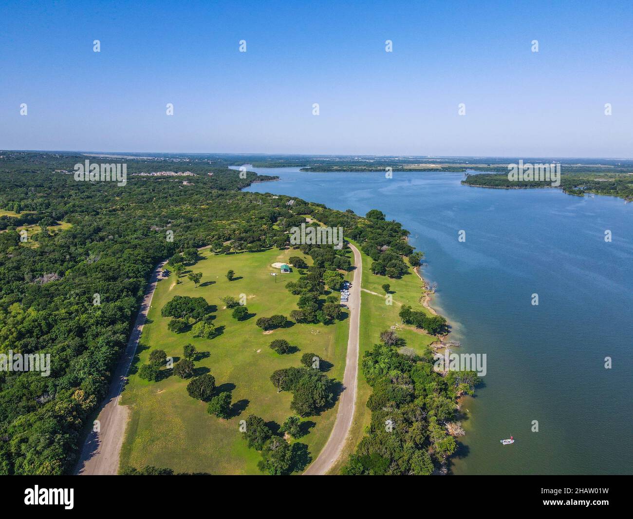 Beautiful aerial view of nature on the shore of Lake Waco in Texas ...