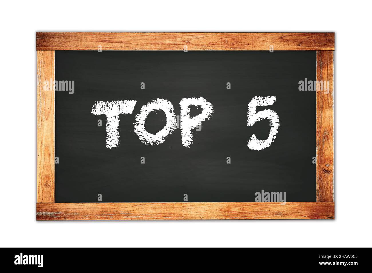 TOP 5 text written on black wooden frame school blackboard Stock Photo ...