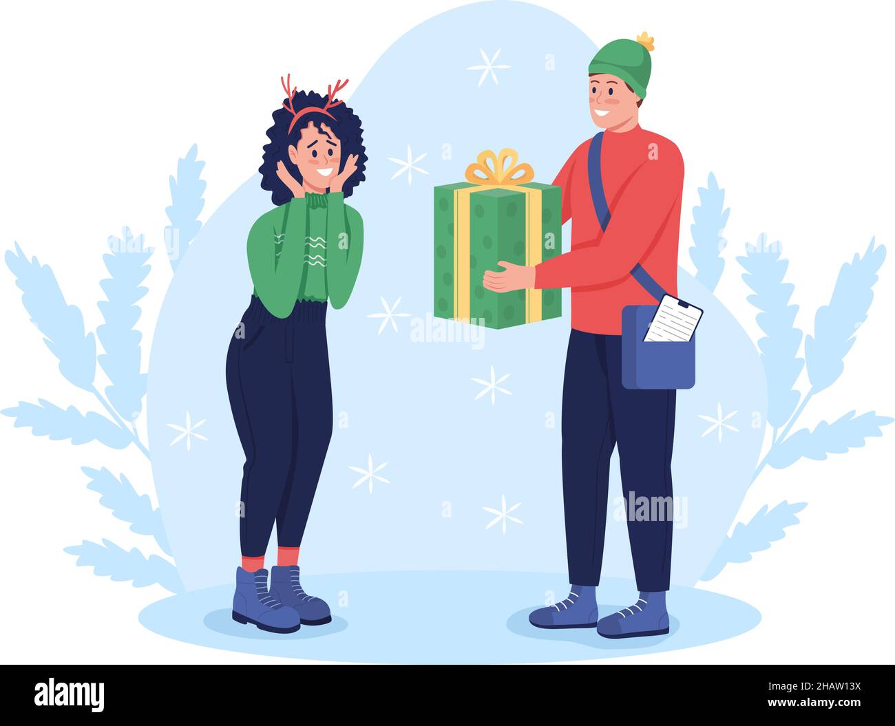 Delivering Christmas present 2D vector isolated illustration Stock ...