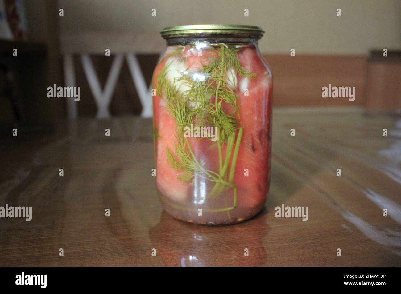 can of salted watermelons with dill Stock Photo - Alamy