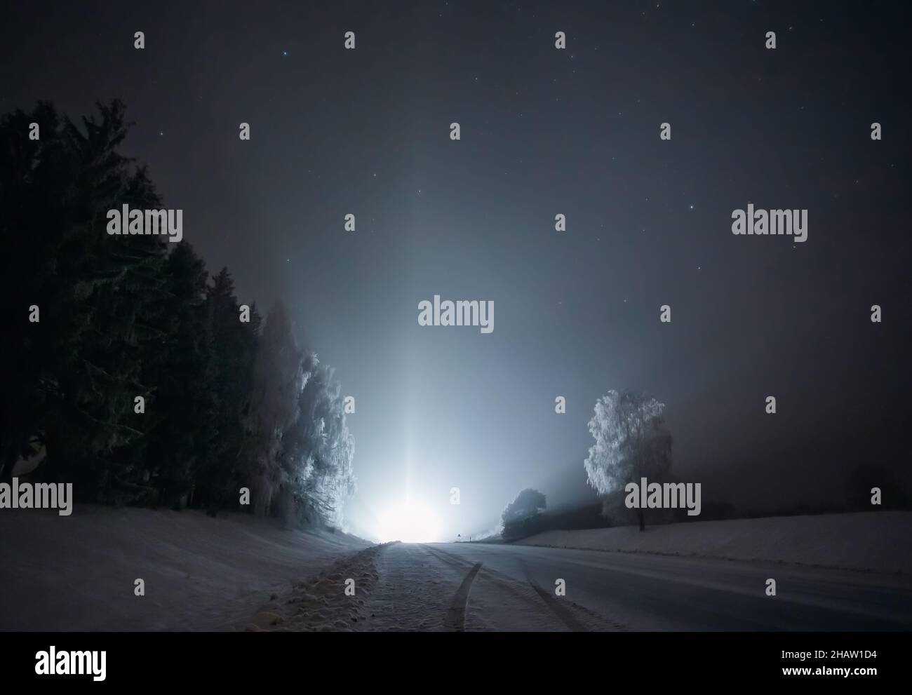 Light Pillars. Rare meteorological phenomena. Winter nature landscape ...