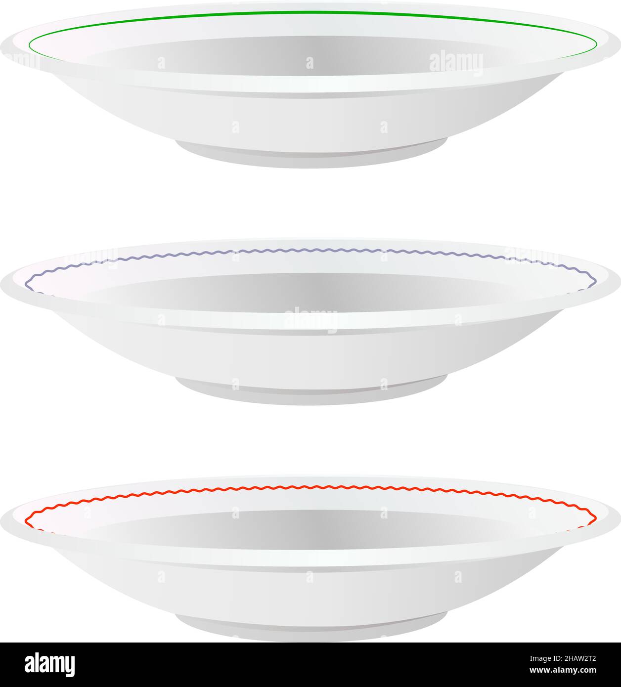 Set of white plates with different decoration isolated drawing in flat ...
