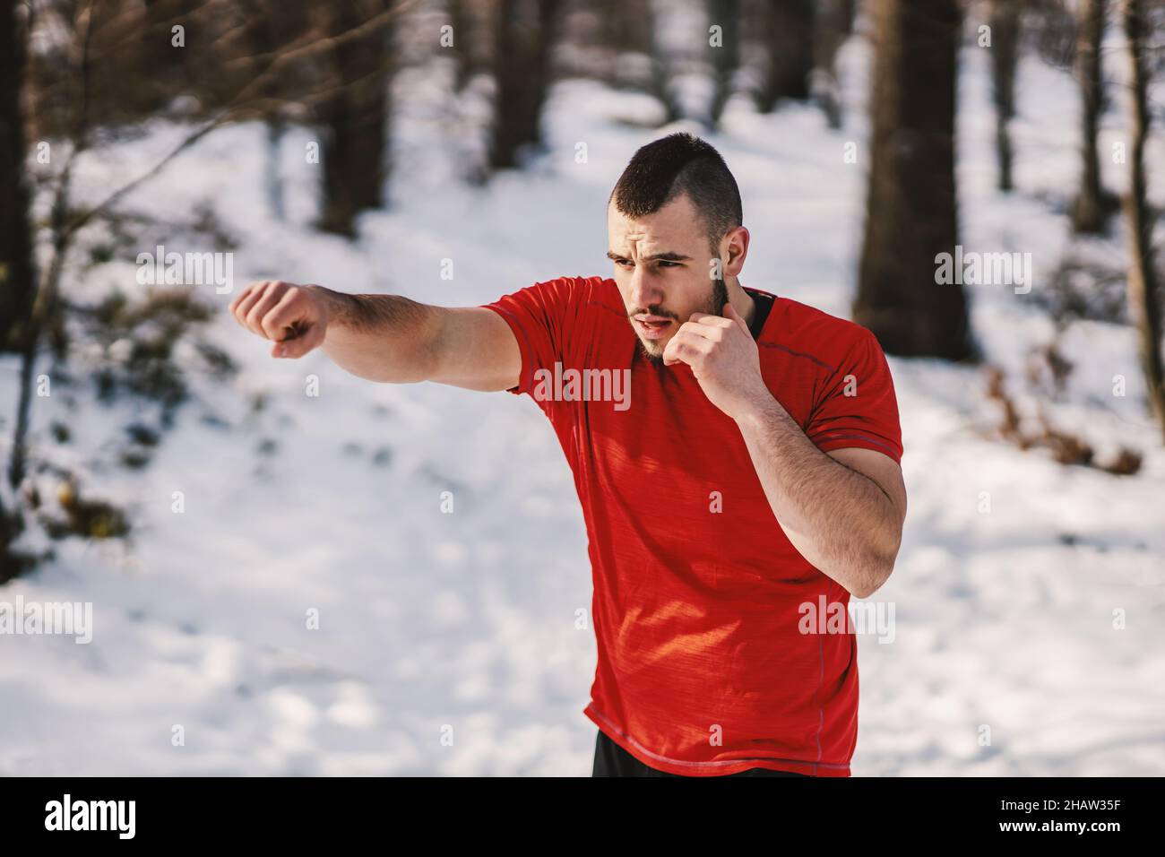 Muscular sportsman sparring in snowy forest at winter. Boxing in nature ...