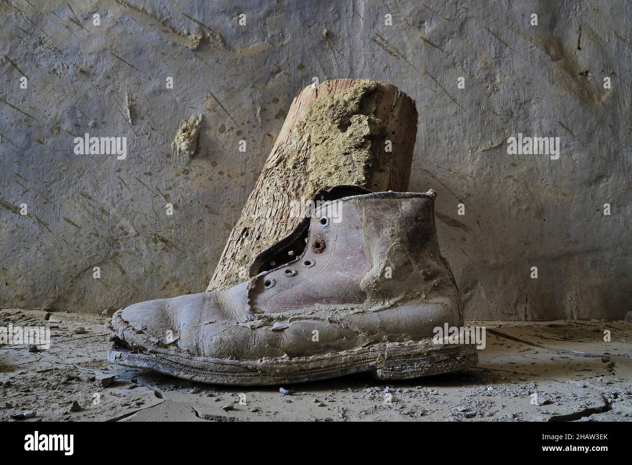 Work shoe in front of log, lace-up boots on the floor in front of wall ...