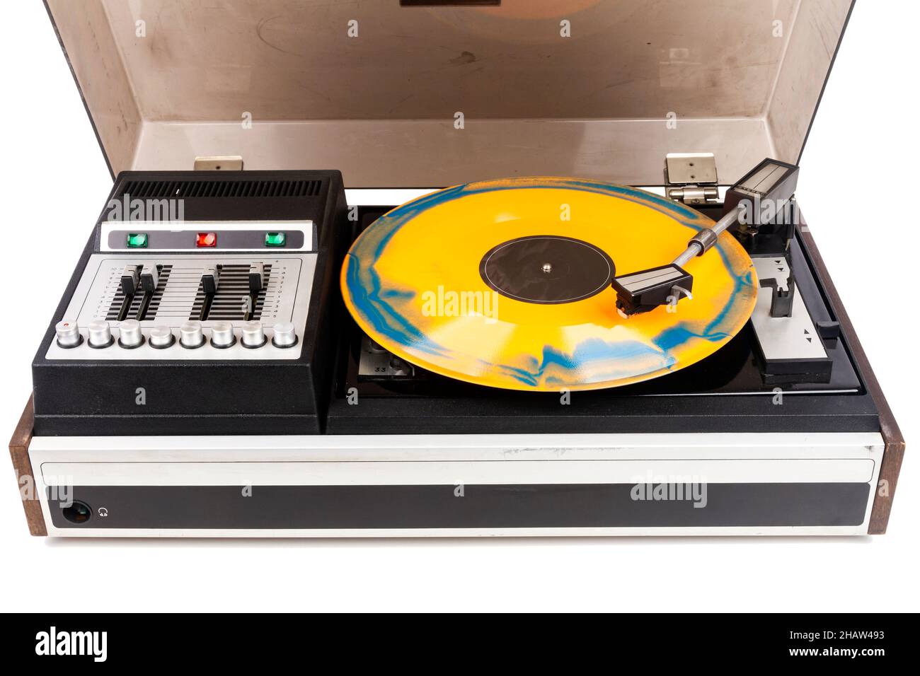 Vintage turntable record player with blue and orange vinyl isolated on ...