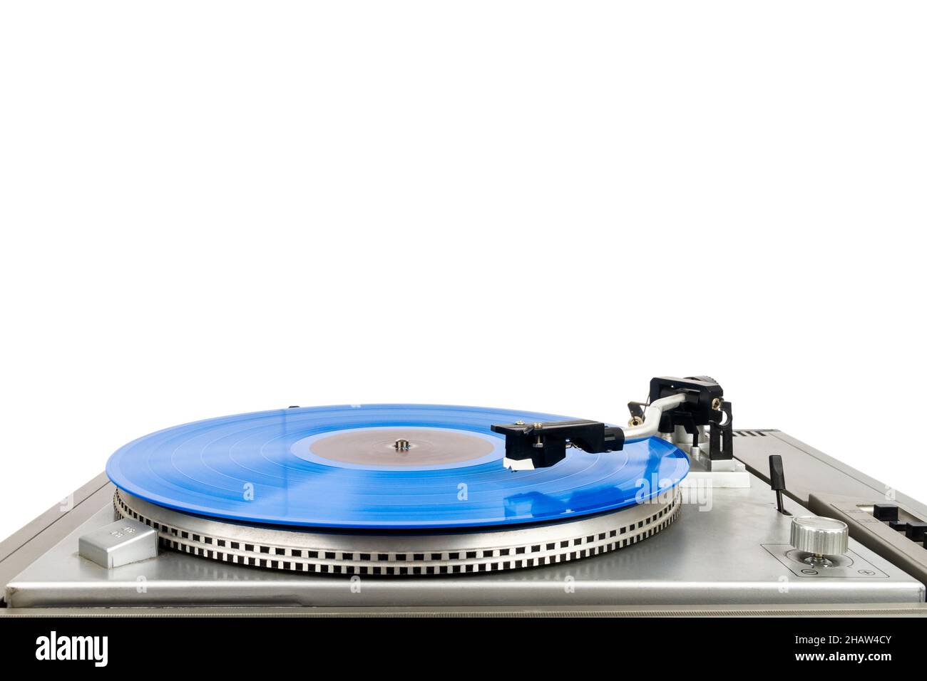 Vintage turntable record player with blue vinyl isolated on white ...