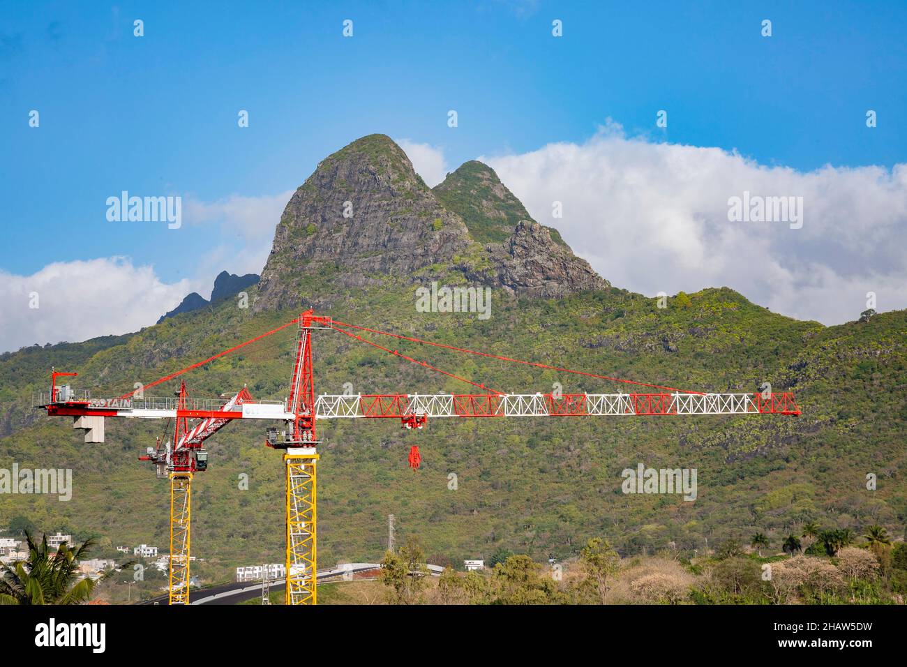 Bridge construction with crane in the city of Beau Bassin, in the west ...