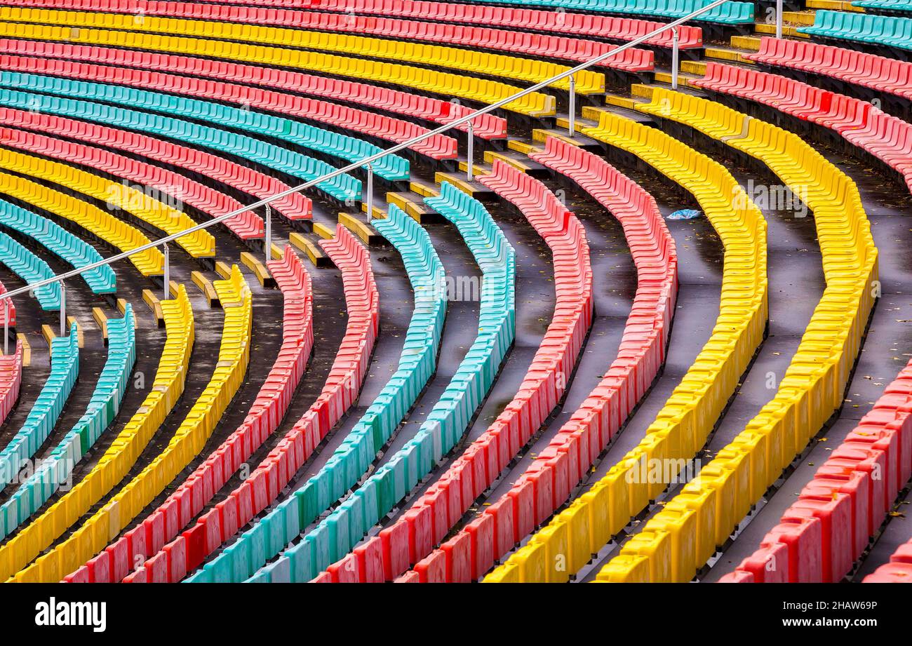 Colourful seats for the spectators at Friedrich Ludwig Jahn Sportpark ...