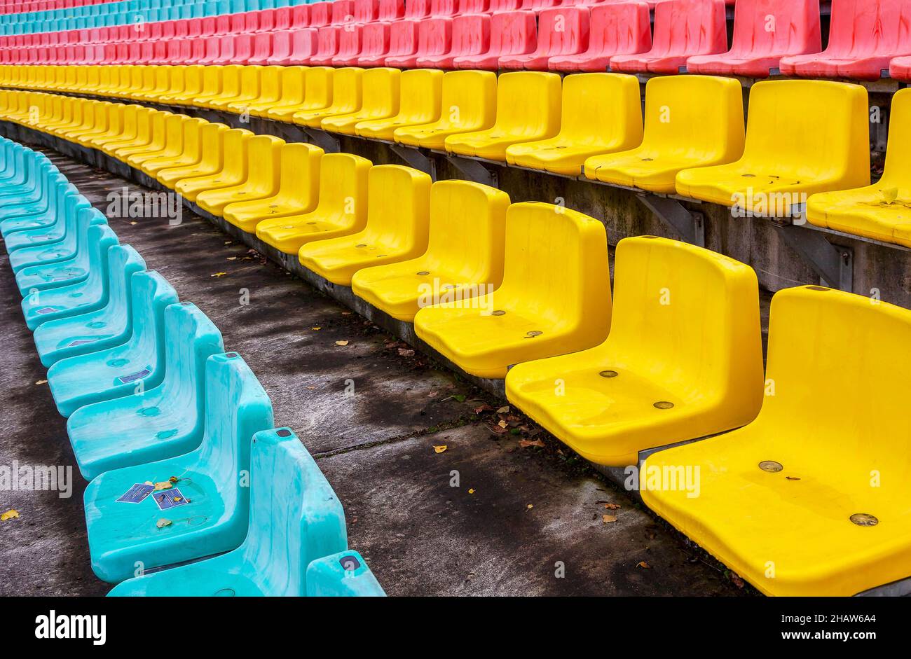 Colourful seats for the spectators at Friedrich Ludwig Jahn Sportpark ...