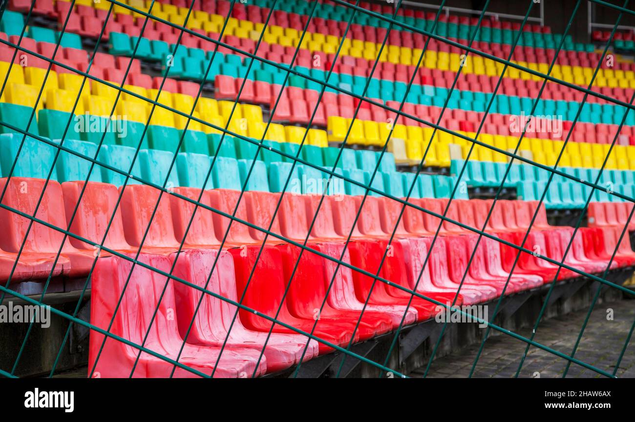 Colourful seats for the spectators at Friedrich Ludwig Jahn Sportpark ...