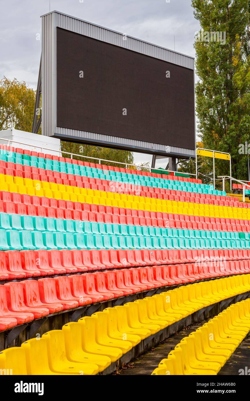 Colourful seats for the spectators at Friedrich Ludwig Jahn Sportpark ...